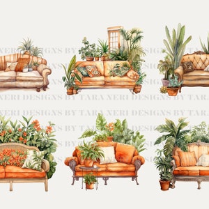 Boho Sofa and Plant Watercolor Clipart Bundle, Botanical Couch Free ...