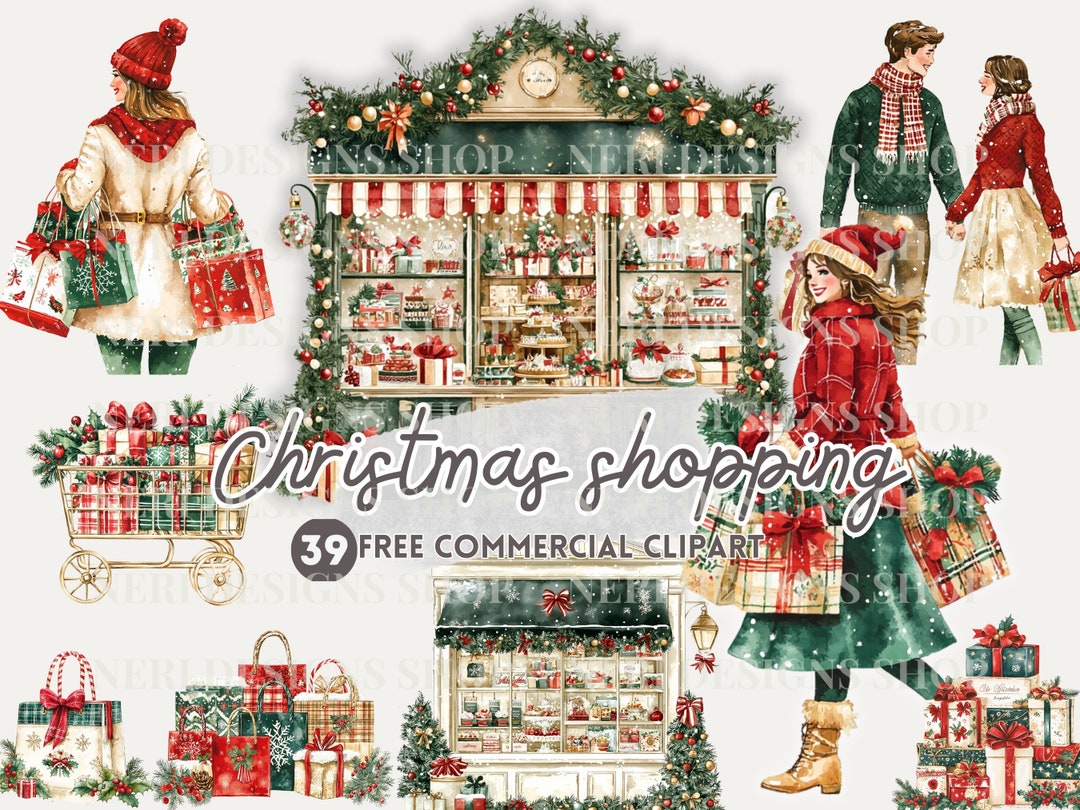Christmas Shopping Watercolor Clipart, Christmas Storefront Free ...