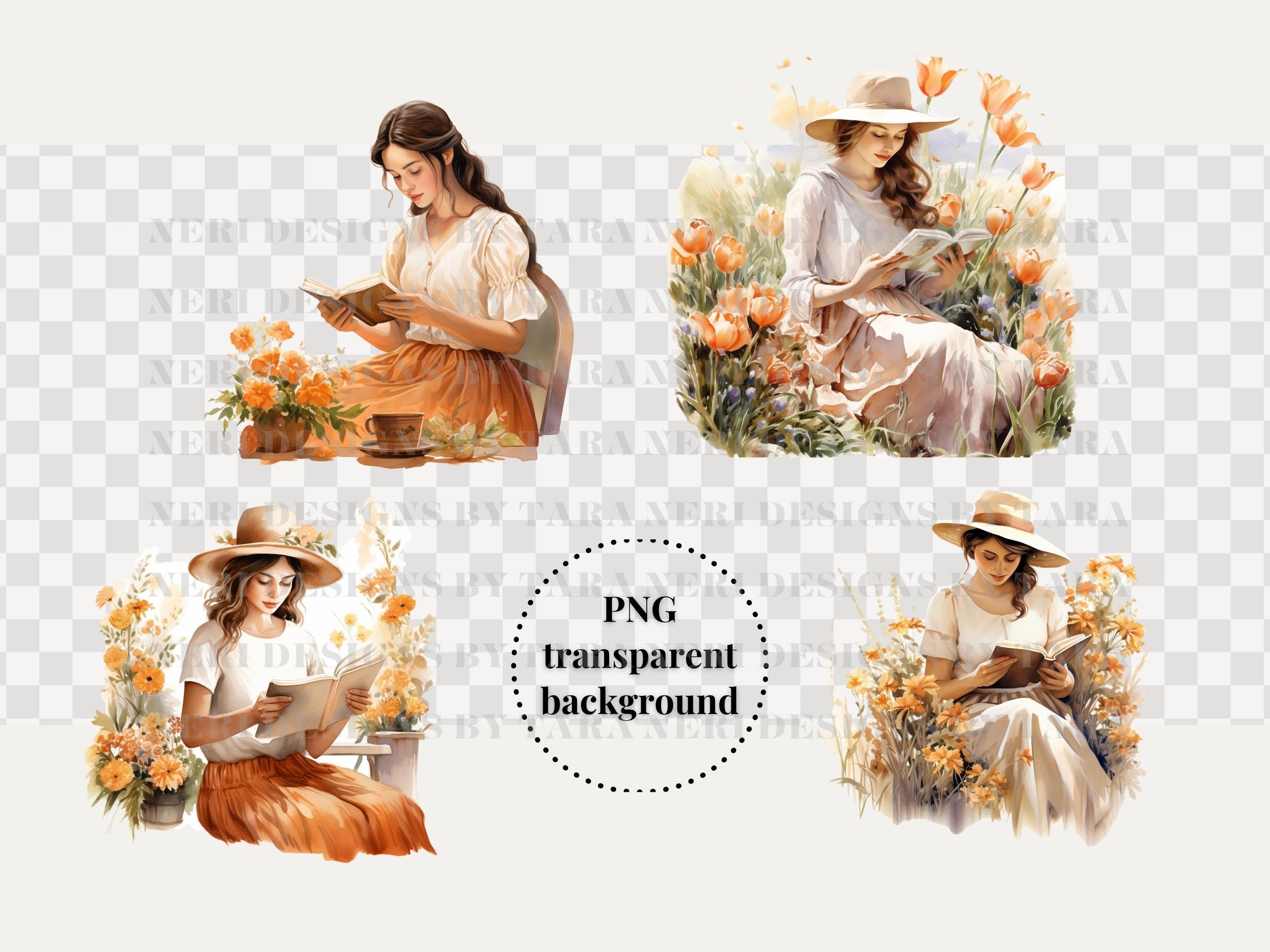 Girl Reading Watercolor Clipart Bundle Vintage Floral Reading - Etsy