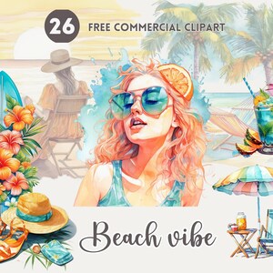 Beach Vacation Watercolor Clipart Bundle, Summer Scene Free Commercial ...
