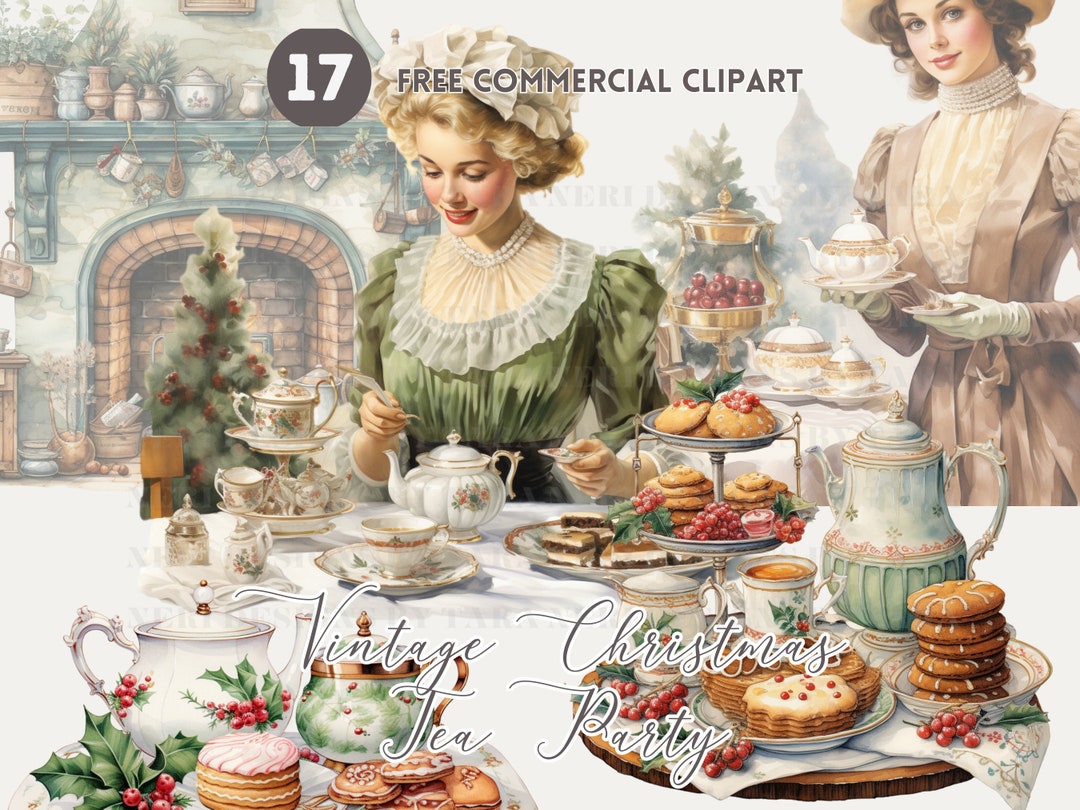 Vintage Christmas Tea Party Watercolor Clipart Bundle Holiday Tea Break ...