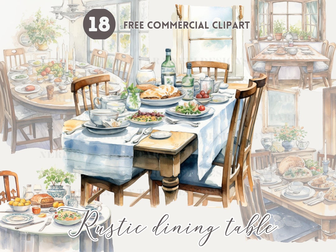 Rustic Dining Table With Food Watercolor Clipart Bundle Free Commercial ...