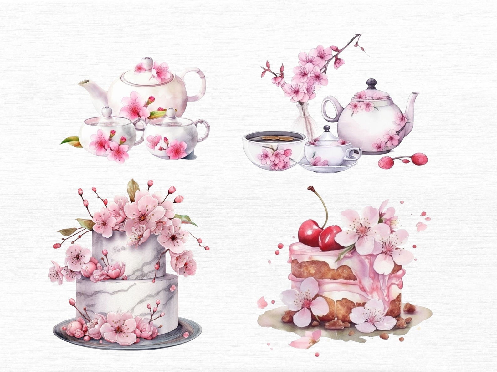 Cherry Blossom Tea Break Watercolor Clipart Bundle Free - Etsy