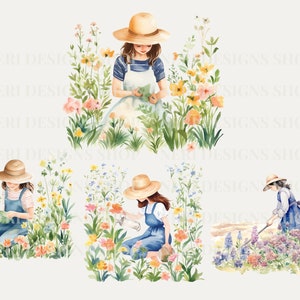 Girl in Flower Garden Watercolor Clipart Bundle, Spring Gardening PNG ...
