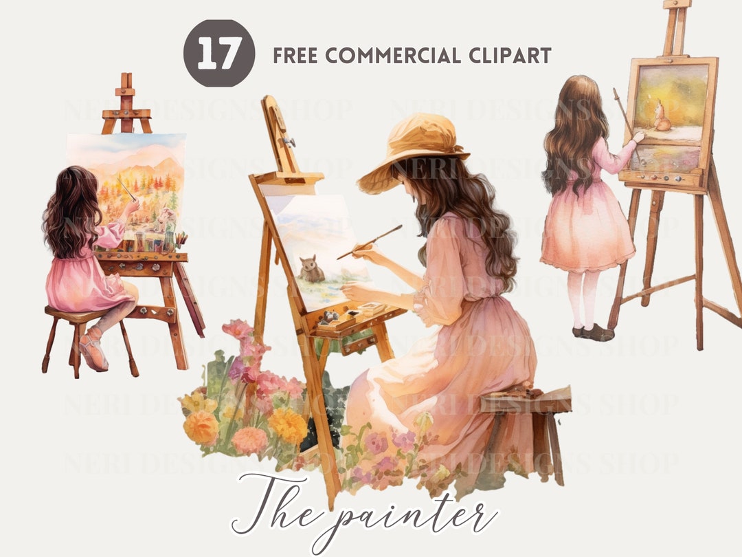 Female Painter Watercolor Clipart Bundle, Feminine Lady Drawing on ...
