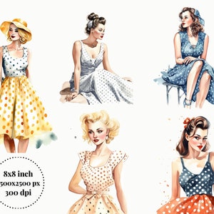 Lady Wearing Polka Dot Dress Watercolor Clipart Bundle Retro Fashion ...