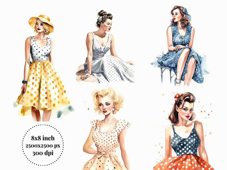 Lady Wearing Polka Dot Dress Watercolor Clipart Bundle Retro - Etsy