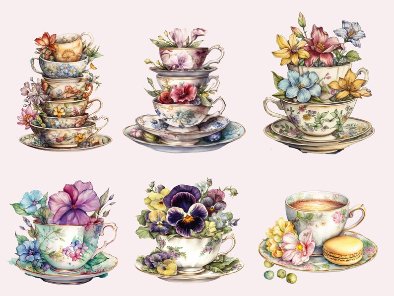 Vintage Tea Cup Watercolor Clipart Bundle Free Commercial - Etsy