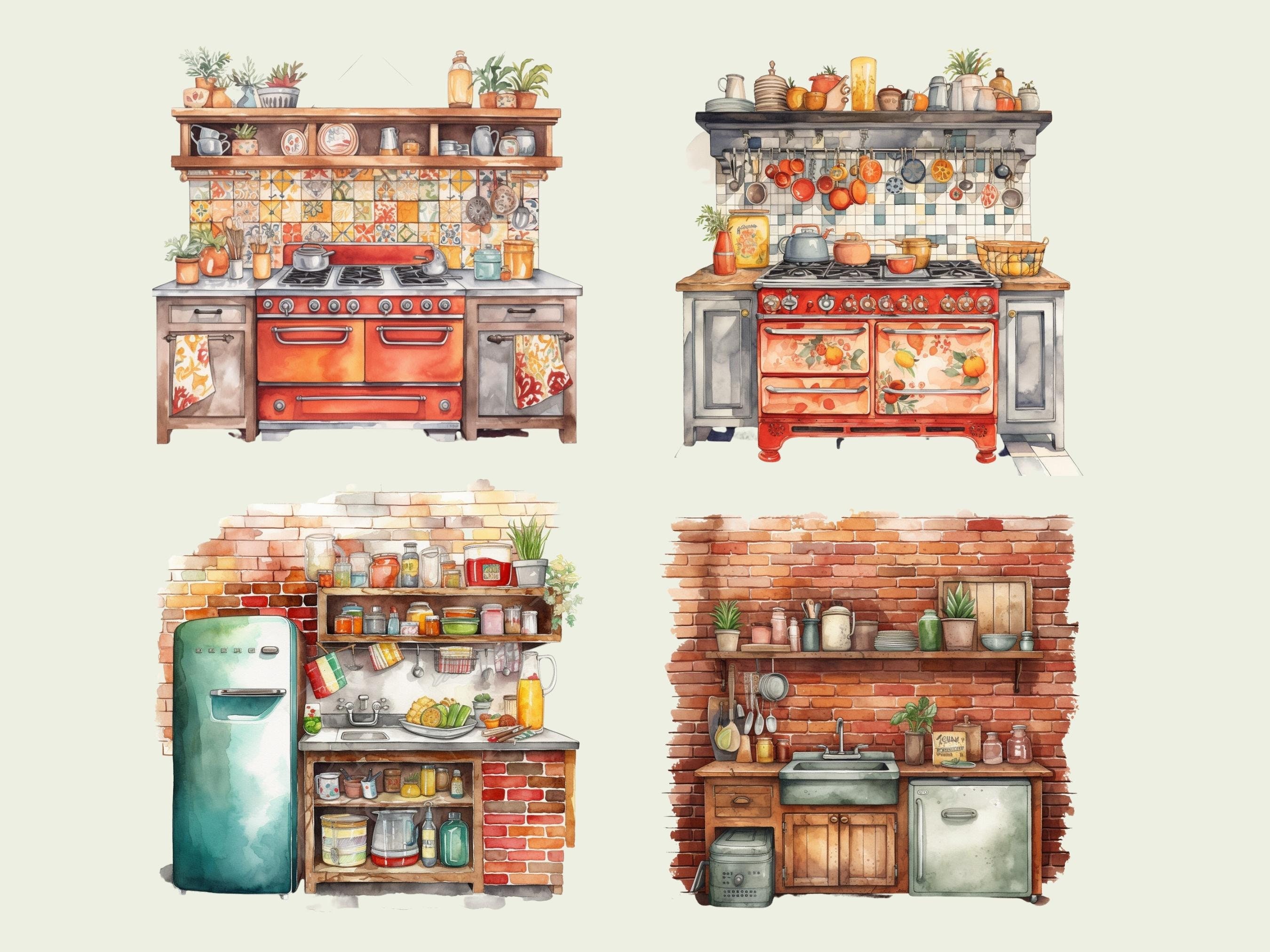 Retro Kitchen Watercolor Clipart Bundle Free Commercial - Etsy