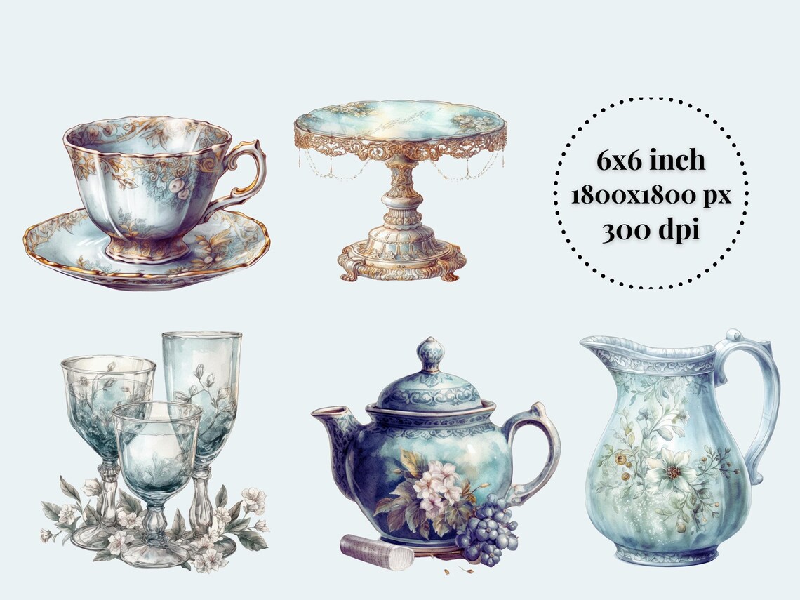 Vintage Tea Set Watercolor Clipart Bundle Free Commercial - Etsy