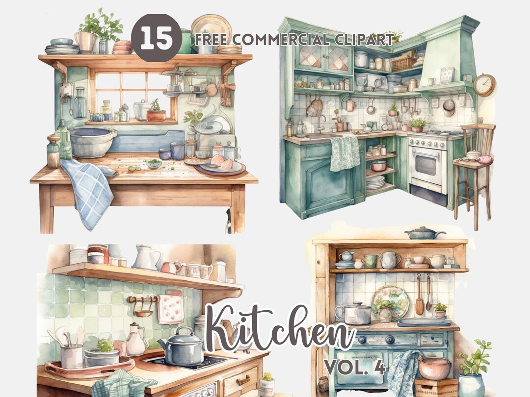 Cozy Kitchen Watercolor Clipart Bundle Free Commercial Watercolor ...