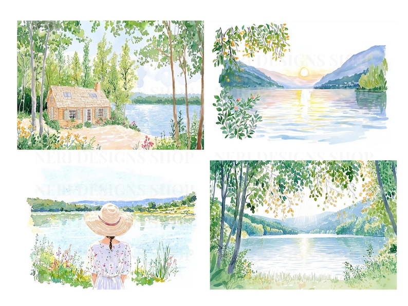 Summer Lake Landscape Watercolor Clipart Bundle, Lakeside Scene and ...