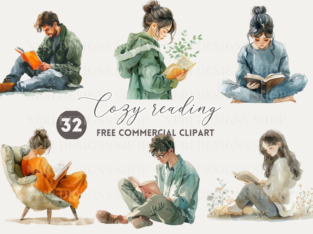 Cozy Reading Girl Watercolor Clipart Bundle, Reading Man Free ...