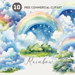 Rainbow Watercolor Clipart Bundle, Rainbow Cloud Free Commercial Png ...