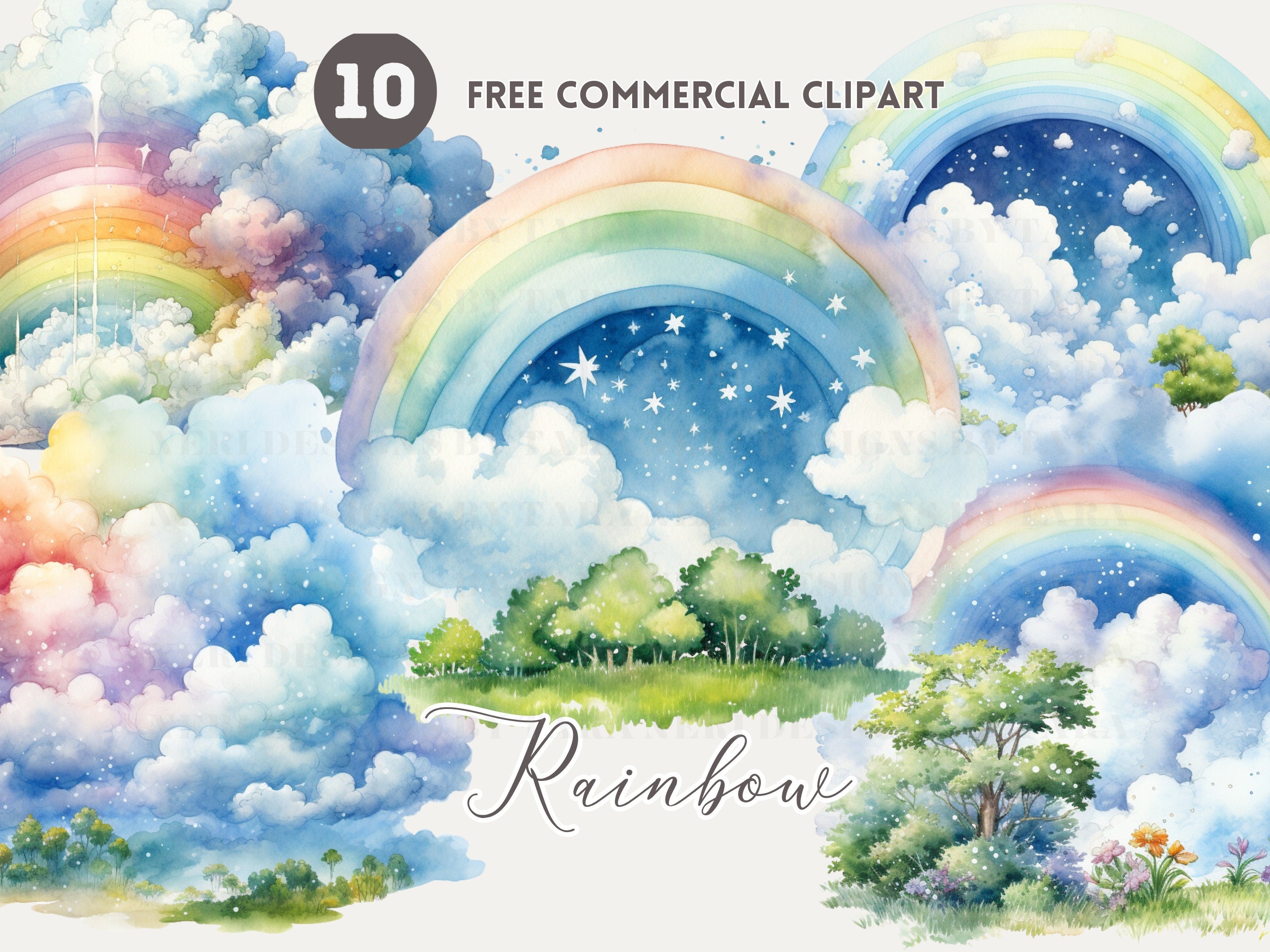 Rainbow Watercolor Clipart Bundle, Rainbow Cloud Free Commercial Png ...