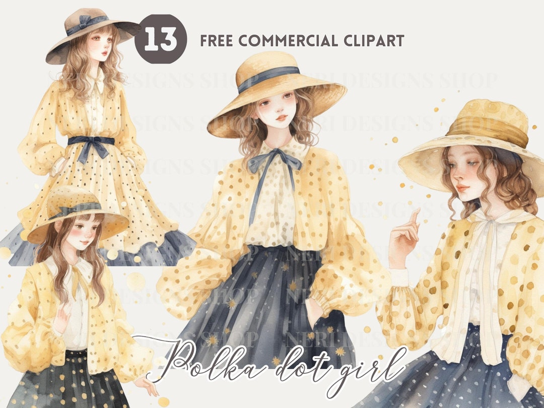 Cute Polka Dot Girl Watercolor Clipart Bundle, Woman With Hat in Dotted ...