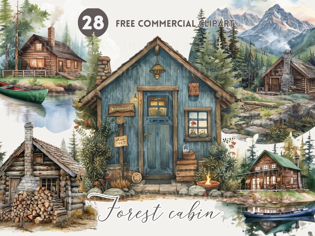 Forest Rustic Cabin Watercolor Clipart Bundle, Serene Woodland Lodge ...