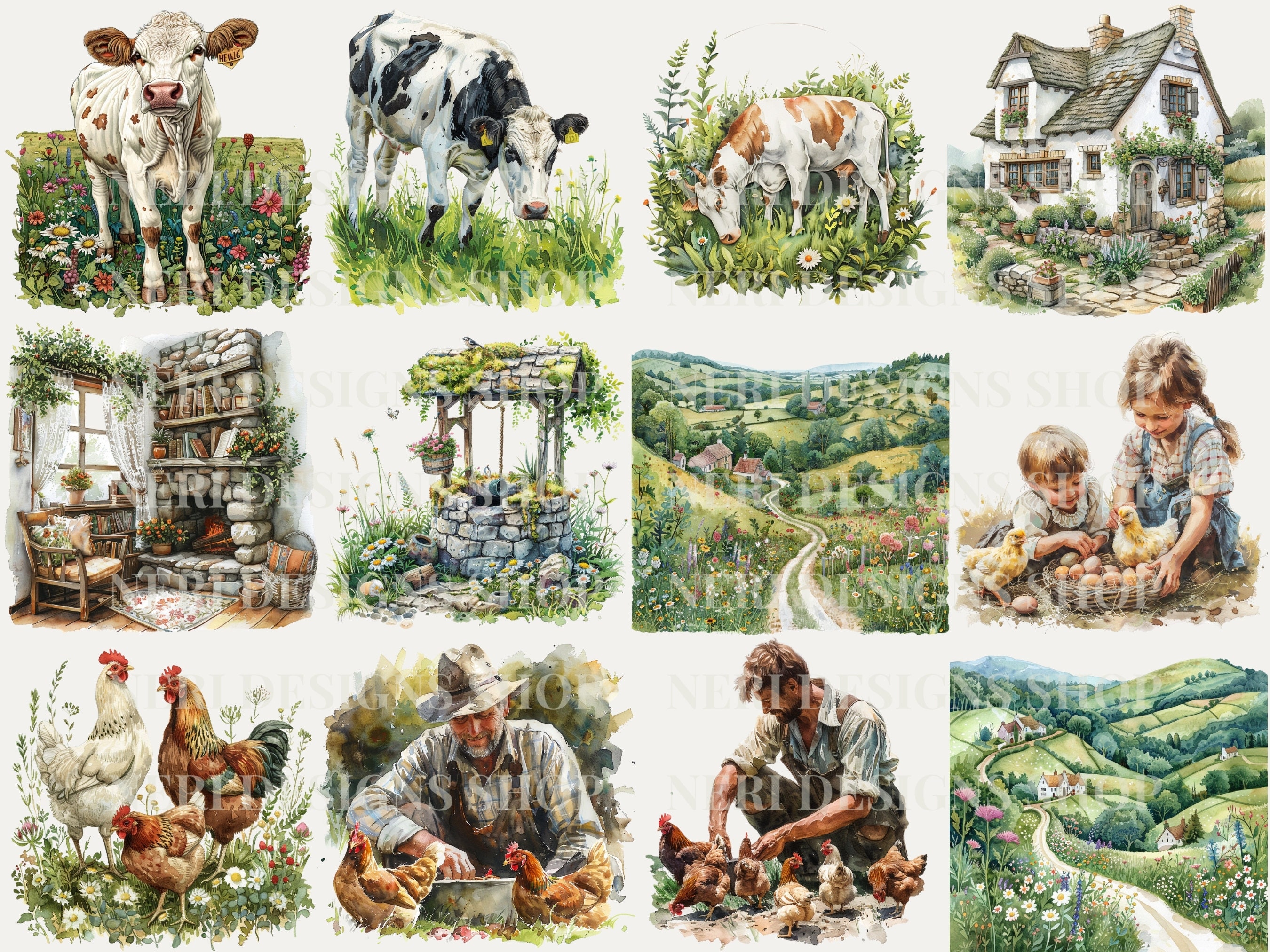 Farm Life Watercolor Clipart Bundle Cottagecore Free Commercial PNG ...