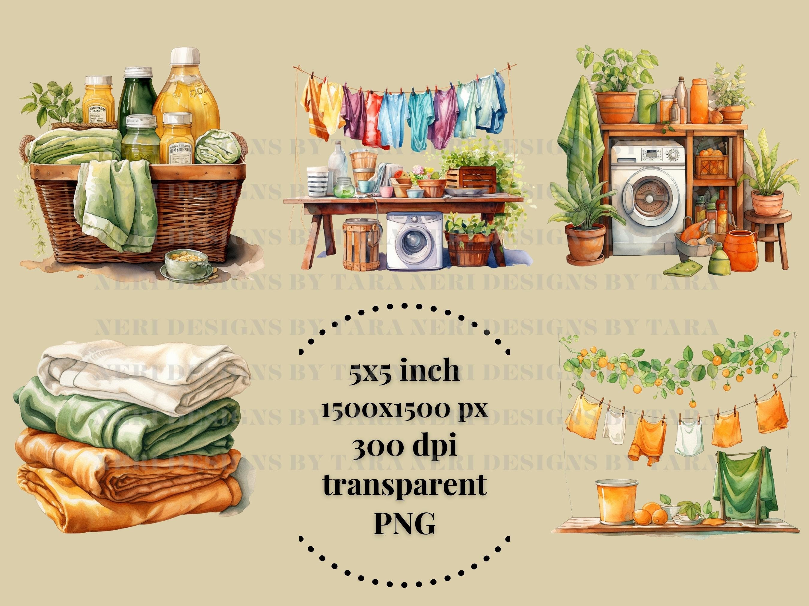 Laundry Watercolor Clipart Bundle, Washing Machine Free Commercial PNG ...