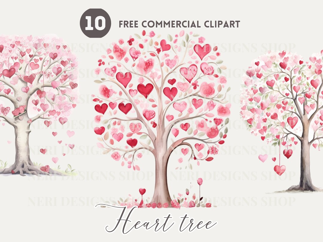 Heart Tree Watercolor Clipart Bundle, Romantic Tree Free Commercial PNG ...