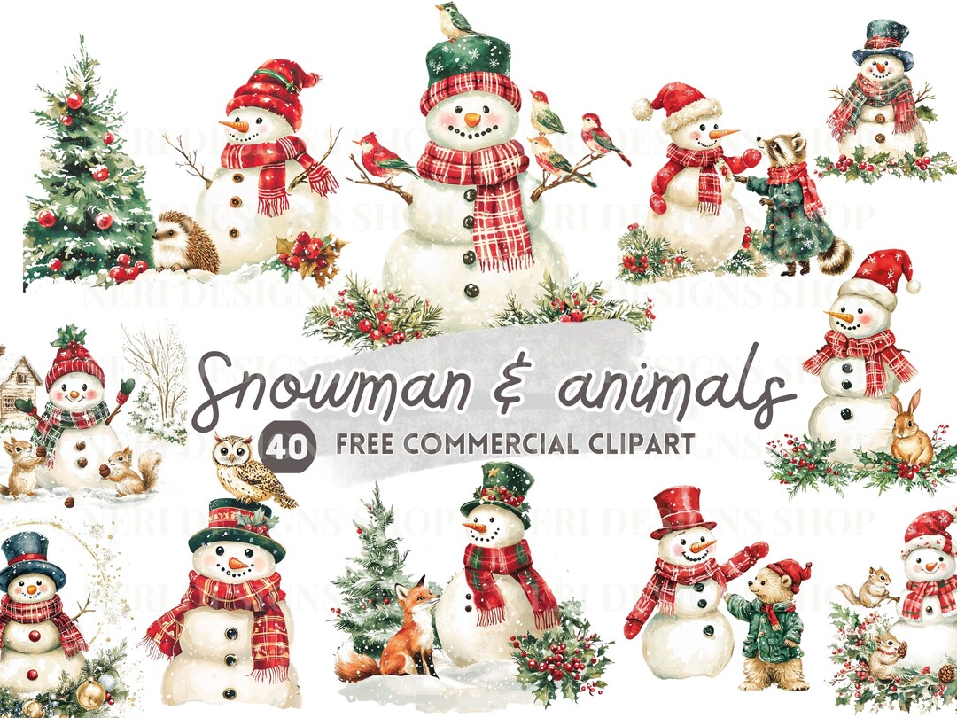 Snowman and Animals Watercolor Clipart, Winter Forest Friend, Christmas ...