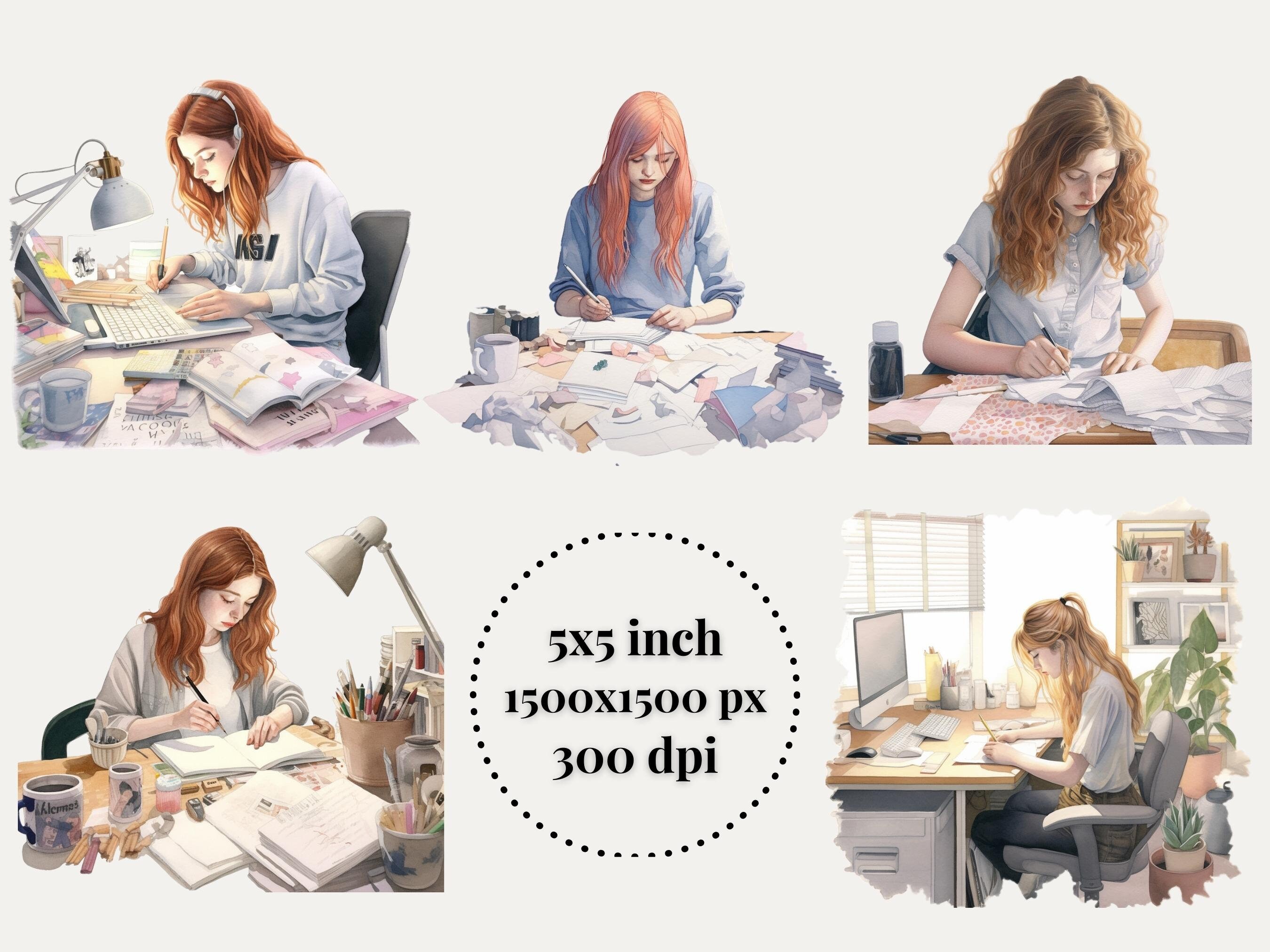 Working Office Girl Watercolor Clipart Bundle Studying Ladies - Etsy