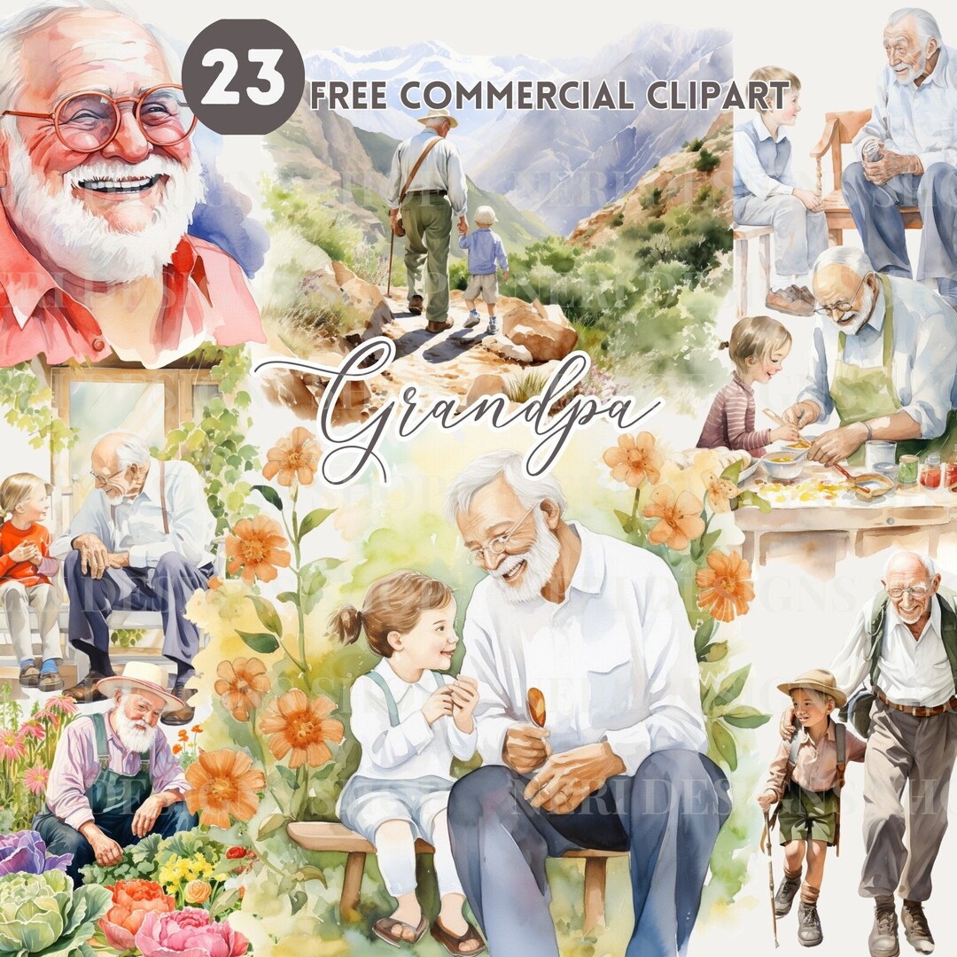 Grandpa Watercolor Clipart Bundle, Grandfather and Grandchild Free ...