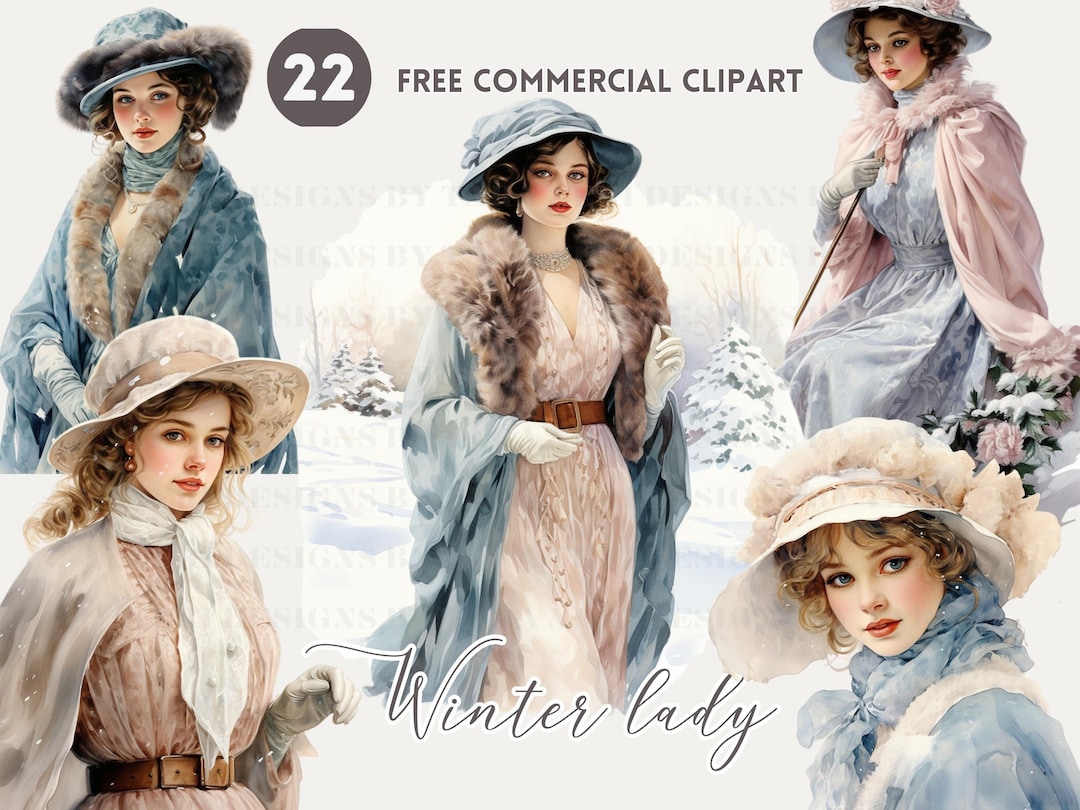 Vintage Winter Lady Watercolor Clipart Bundle, Victorian Woman in Snow ...