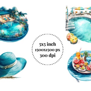 Summer Pool Watercolor Clipart Bundle Summer Relaxation Free Commercial ...