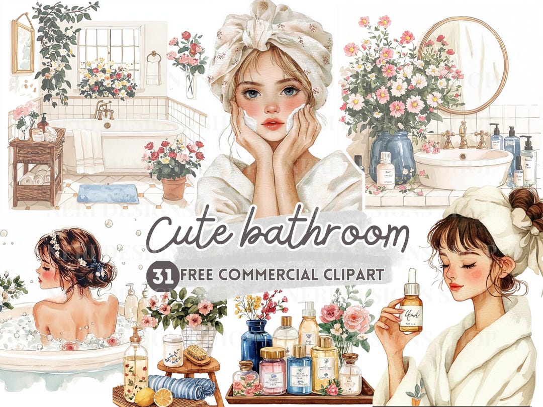 Cute Bathroom Watercolor Clipart, Hygiene Skincare Girl Free Commercial ...