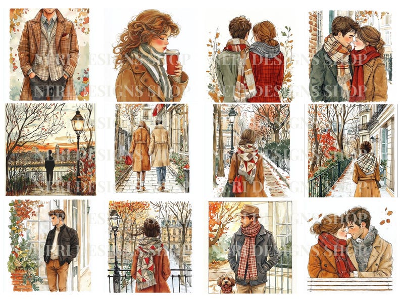 Fall City Scene Watercolor Clipart, Girl on Autumn Street, Cozy Couple ...