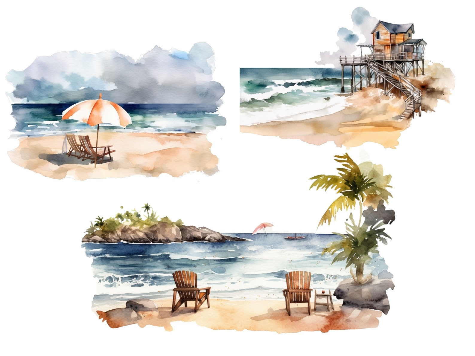 Beach Scene Watercolor Clipart Bundle Free Commercial Nature - Etsy
