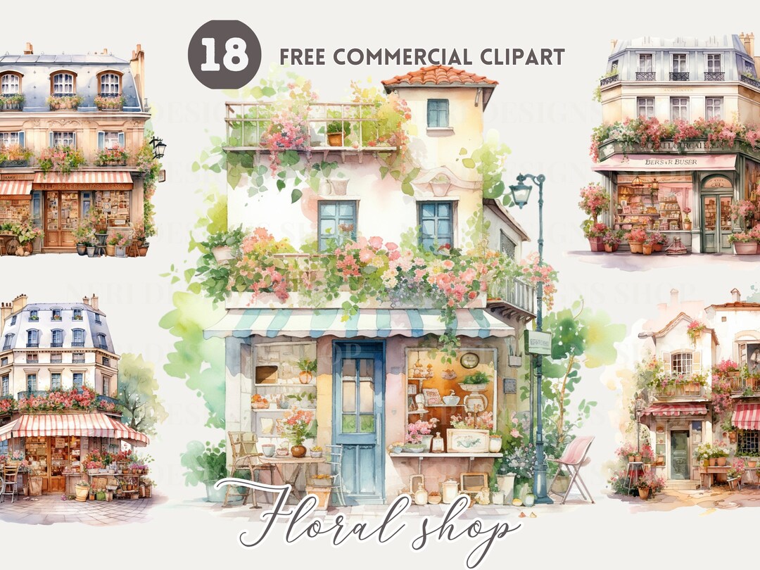 Floral Storefront Watercolor Clipart Bundle, Floral Shopfront ...