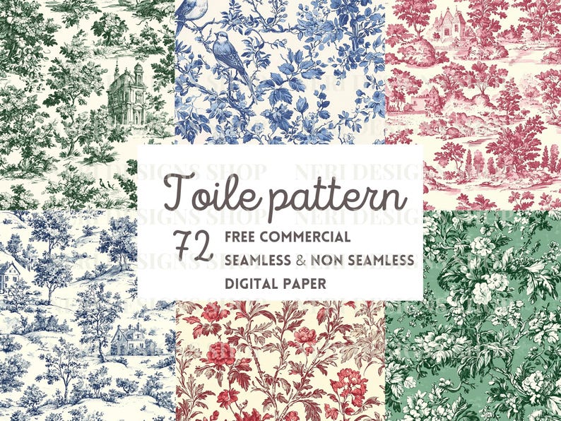 Toile De Jouy Watercolor Seamless Pattern Clipart Bundle, Floral Toile ...