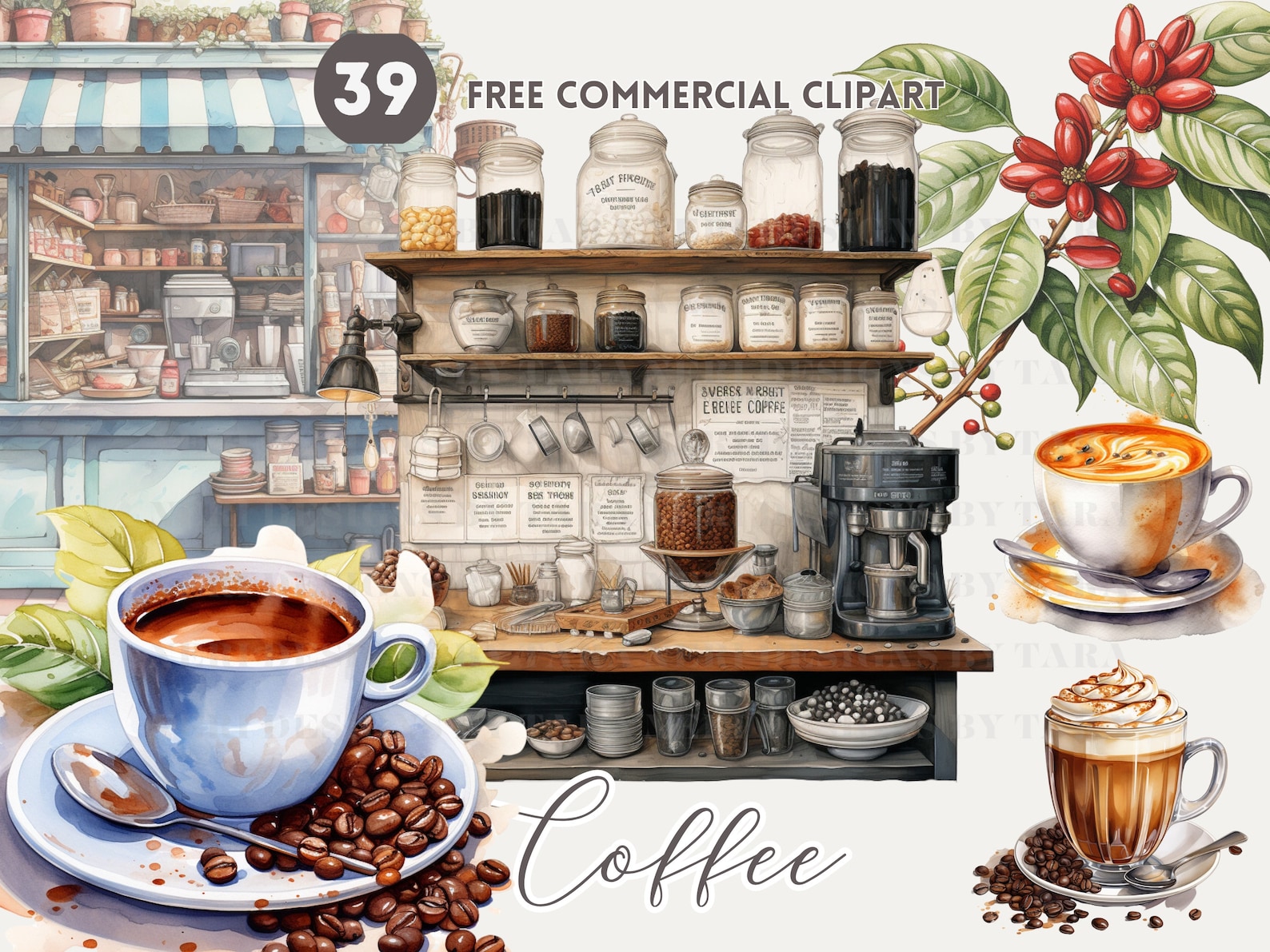 Coffee Watercolor Clipart Bundle, Cafe Free Commercial PNG Set ...