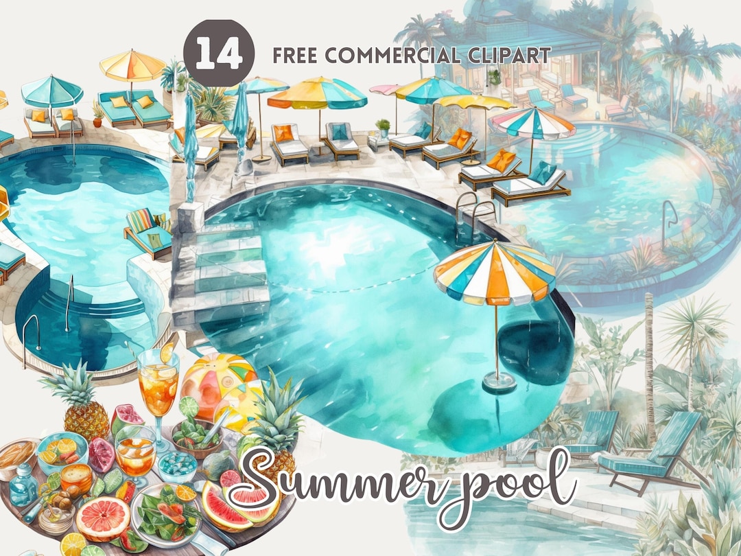 Summer Pool Watercolor Clipart Bundle Summer Relaxation Free Commercial ...