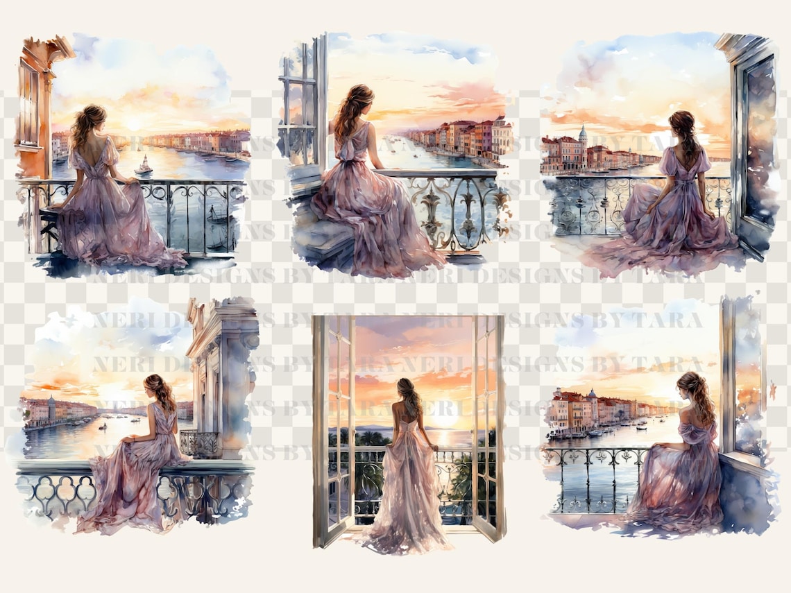 Backview Lady in Balcony Watercolor Clipart Bundle Romantic - Etsy
