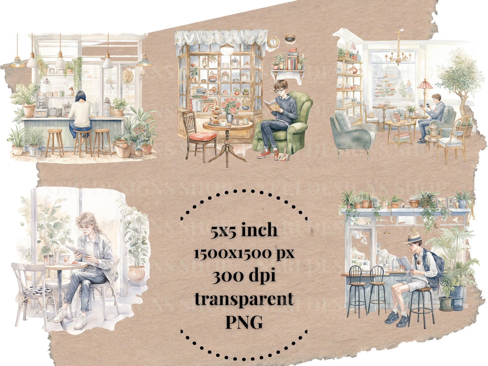 Book Cafe Watercolor Clipart, Coffee Shop Free Commercial PNG Set, Book ...