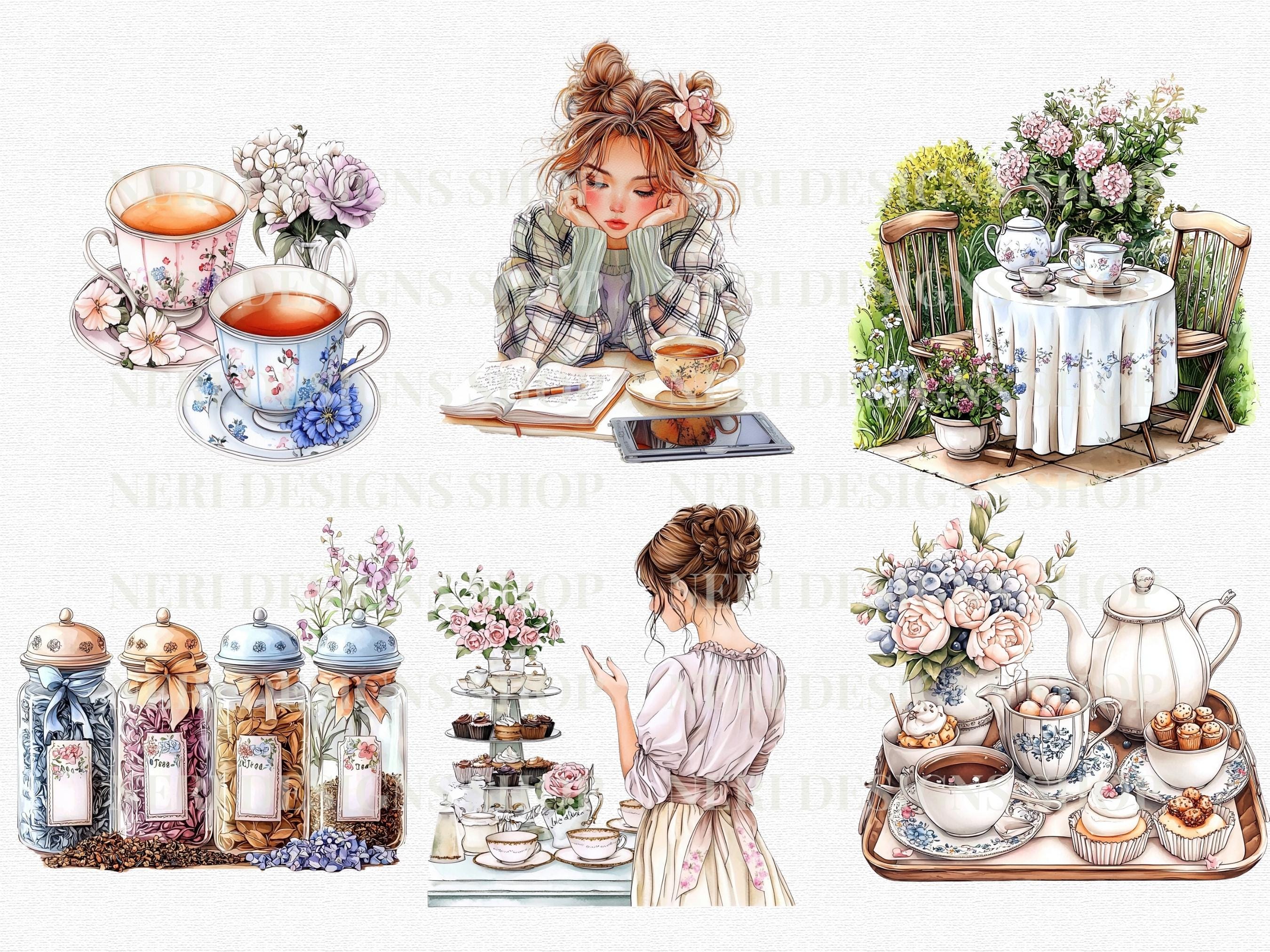 Tea Time Watercolor Clipart, Vintage Tea Gathering Free Commercial PNG ...