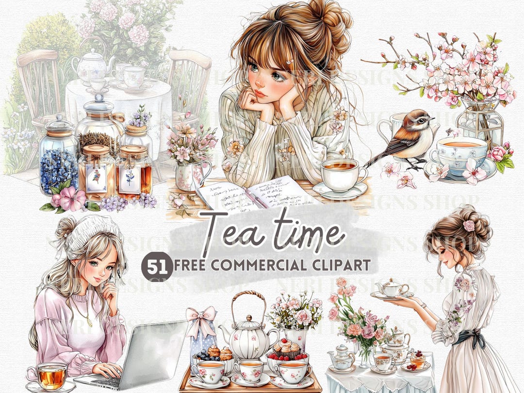 Tea Time Watercolor Clipart, Vintage Tea Gathering Free Commercial PNG ...
