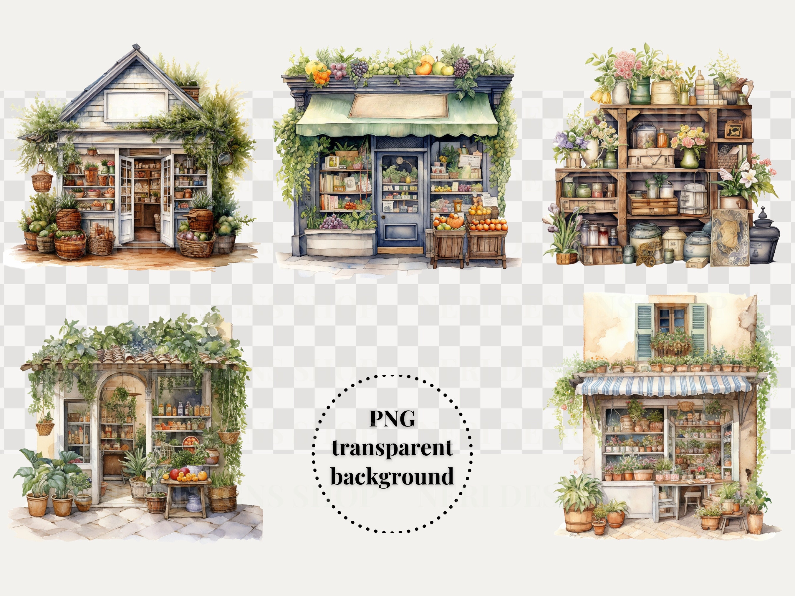 Rustic Storefront Watercolor Clipart Bundle, Countryside Store Facade ...
