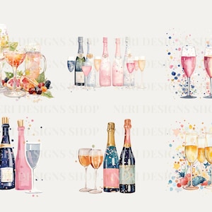 Pink Party Watercolor Clipart Bundle, Celebration Champagne Bottle ...