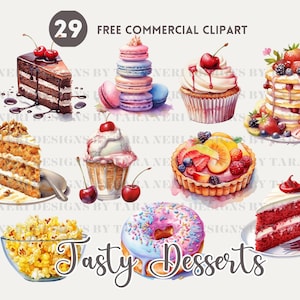 Tasty Desserts Watercolor Clipart Bundle, Free Commercial Cuisine PNG ...