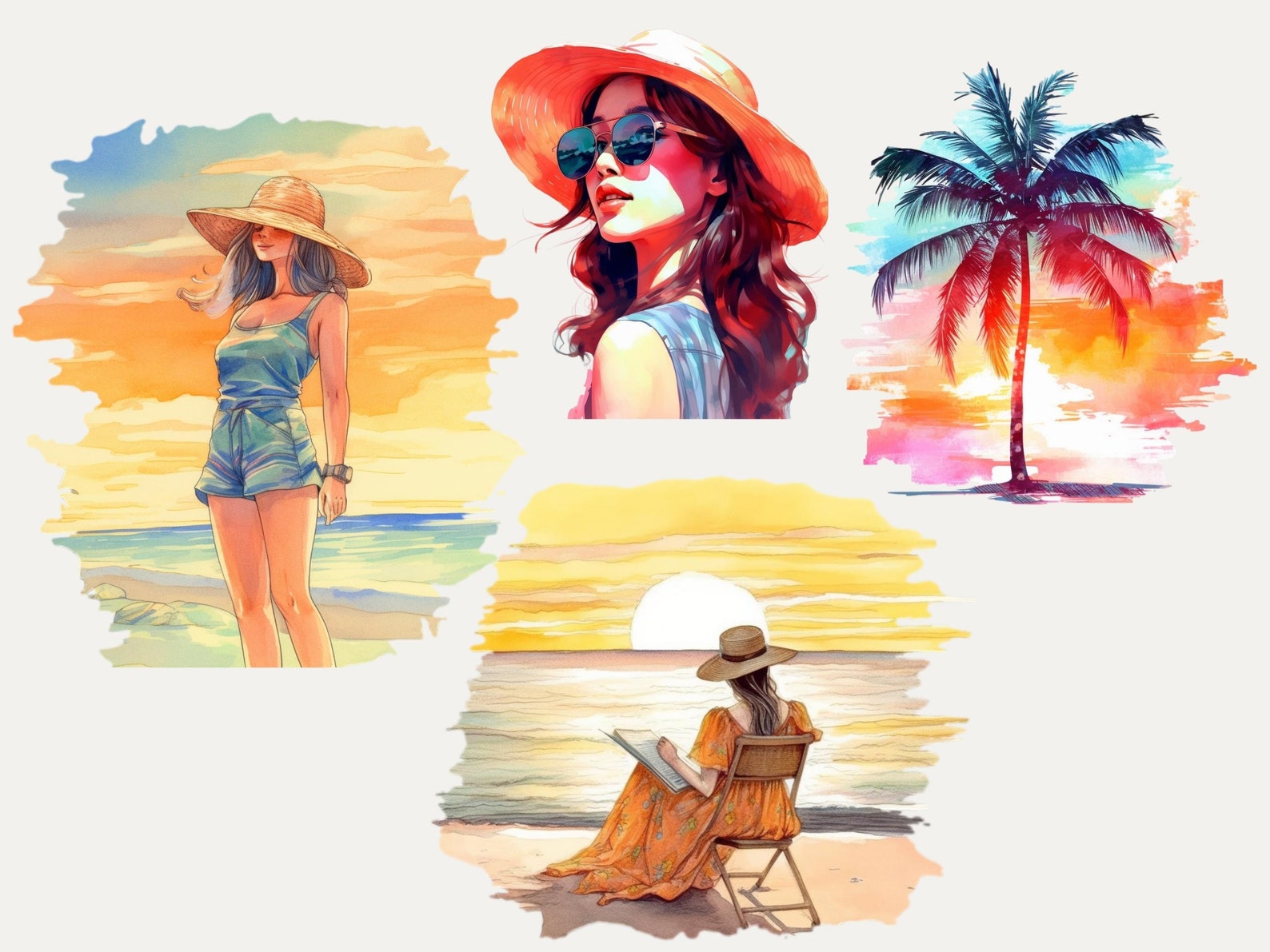 Beach Vacation Watercolor Clipart Bundle Summer Scene Free - Etsy