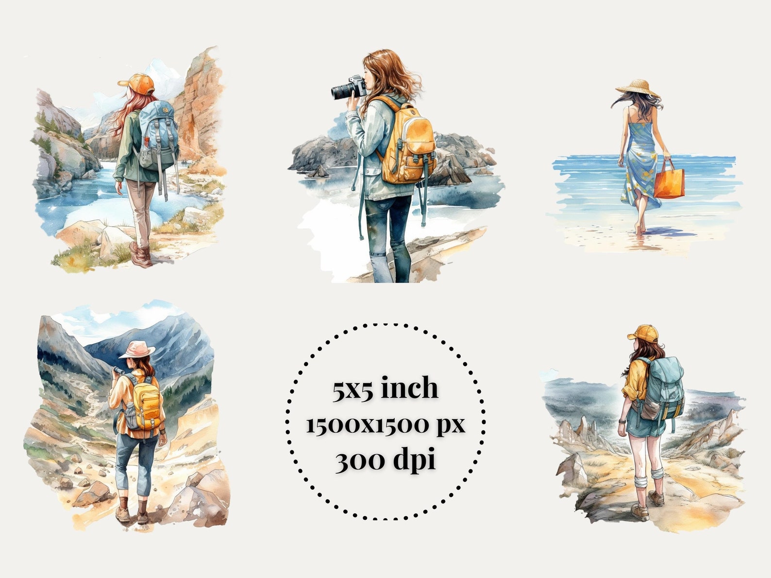 Female Traveler Watercolor Clipart Bundle Back View Travelling - Etsy