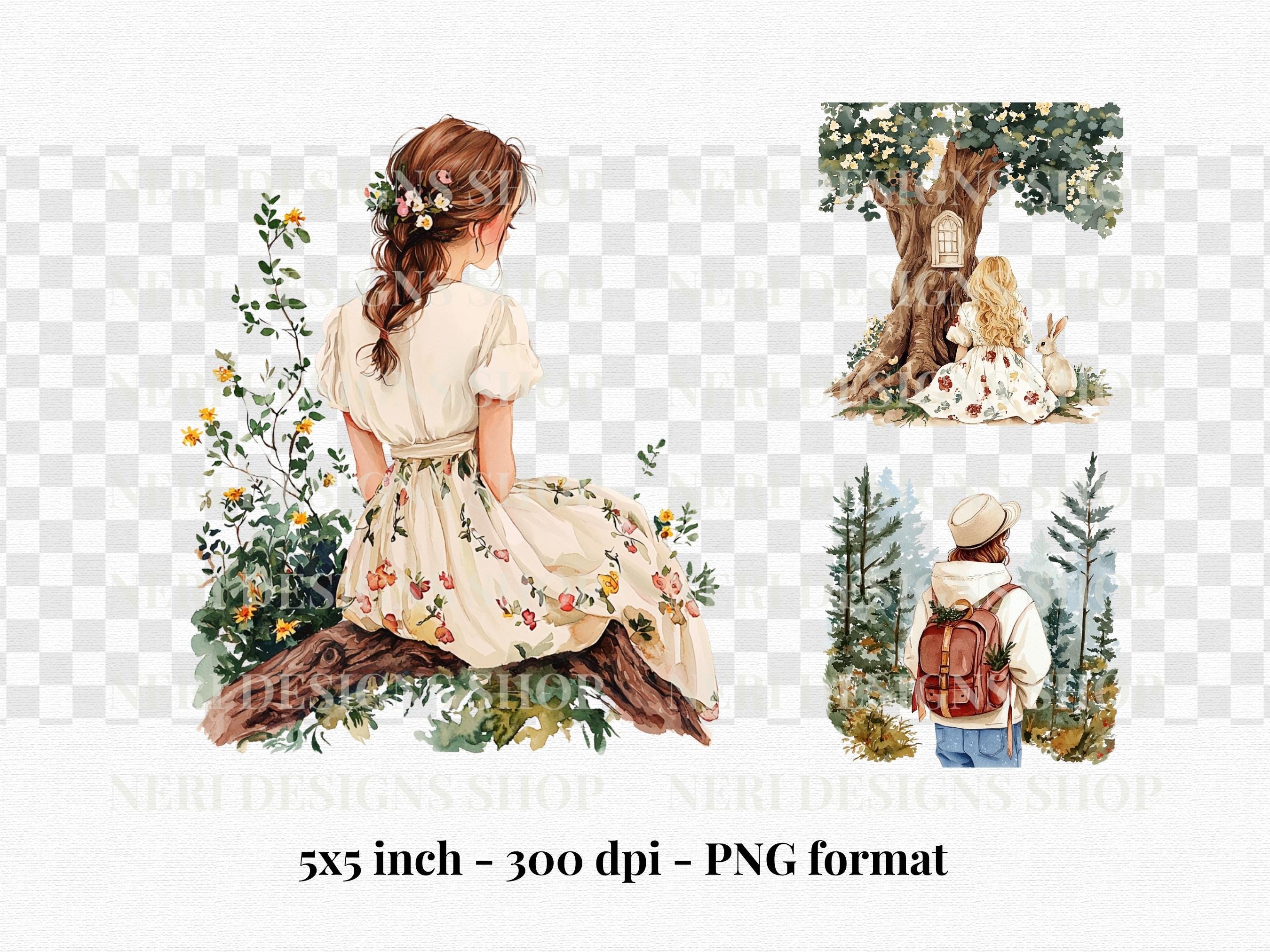 Forest Walk Watercolor Clipart, Girl by Tree Trunk, Wandering in the ...
