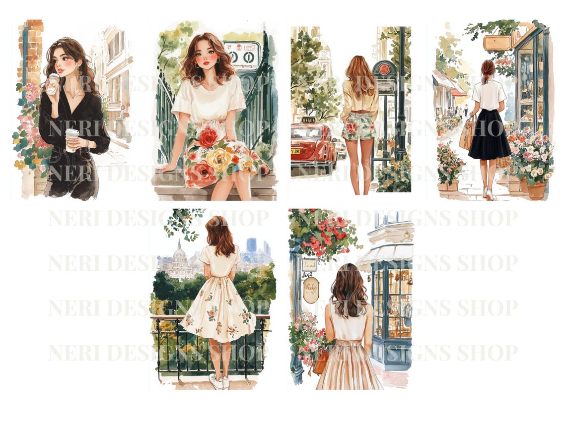 Urban Woman Watercolor Clipart, Girl Walking in City Planner Sticker ...