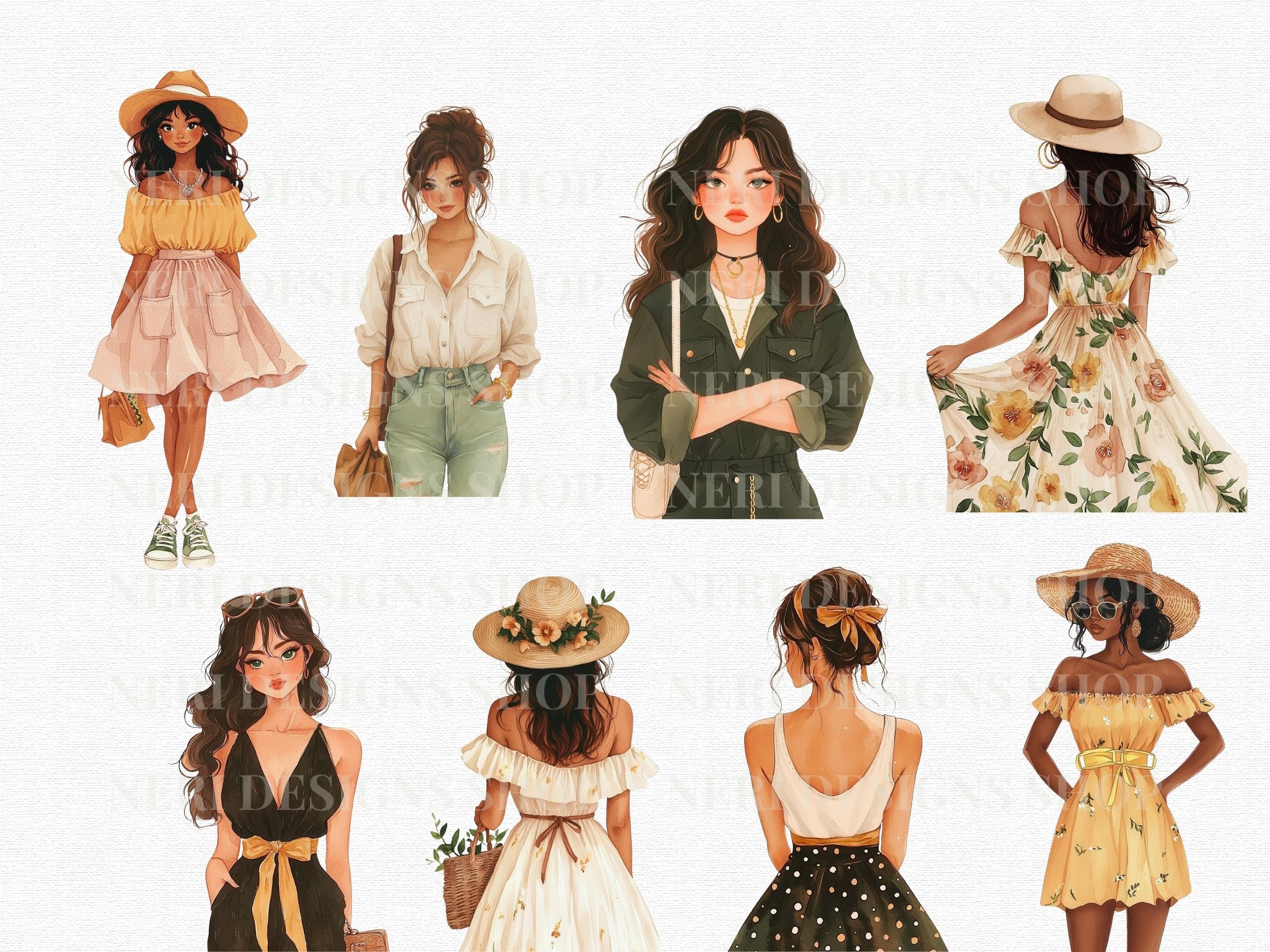 Casual Fashion Watercolor Clipart, Girl in Summer Style Outfit Free ...