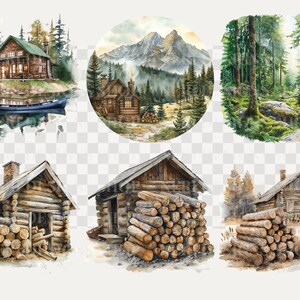 Forest Rustic Cabin Watercolor Clipart Bundle, Serene Woodland Lodge ...
