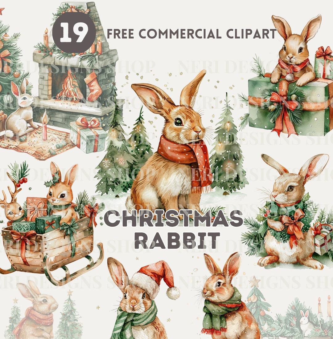 Christmas Rabbit Watercolor Clipart, Winter Hare Free Commercial PNG ...